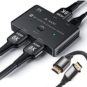 8K HDMI Splitter【HDMI 2.1 Cable 4FT】, 8K@60Hz HDMI Switch, 48Gbps Bidirectional HDMI Switcher 2 in 1 Out, Support 4K@120Hz, Dynamic HDR, HDCP 2.3, Compatible with Xbox X/PS5/8K TV(Only one Monitor)