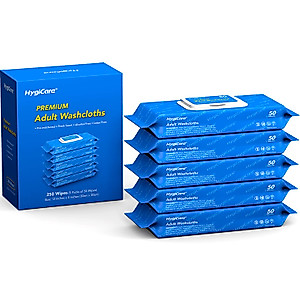 HygiCare Adult Washcloths Body Wipes 250 Count Fresh Scent 12"x8" Flip Top, Strong Yet Soft, Perfect for Incontinence Cleansing, Clinic, Nursing Home, Hospital, Camping, Travel, Gym