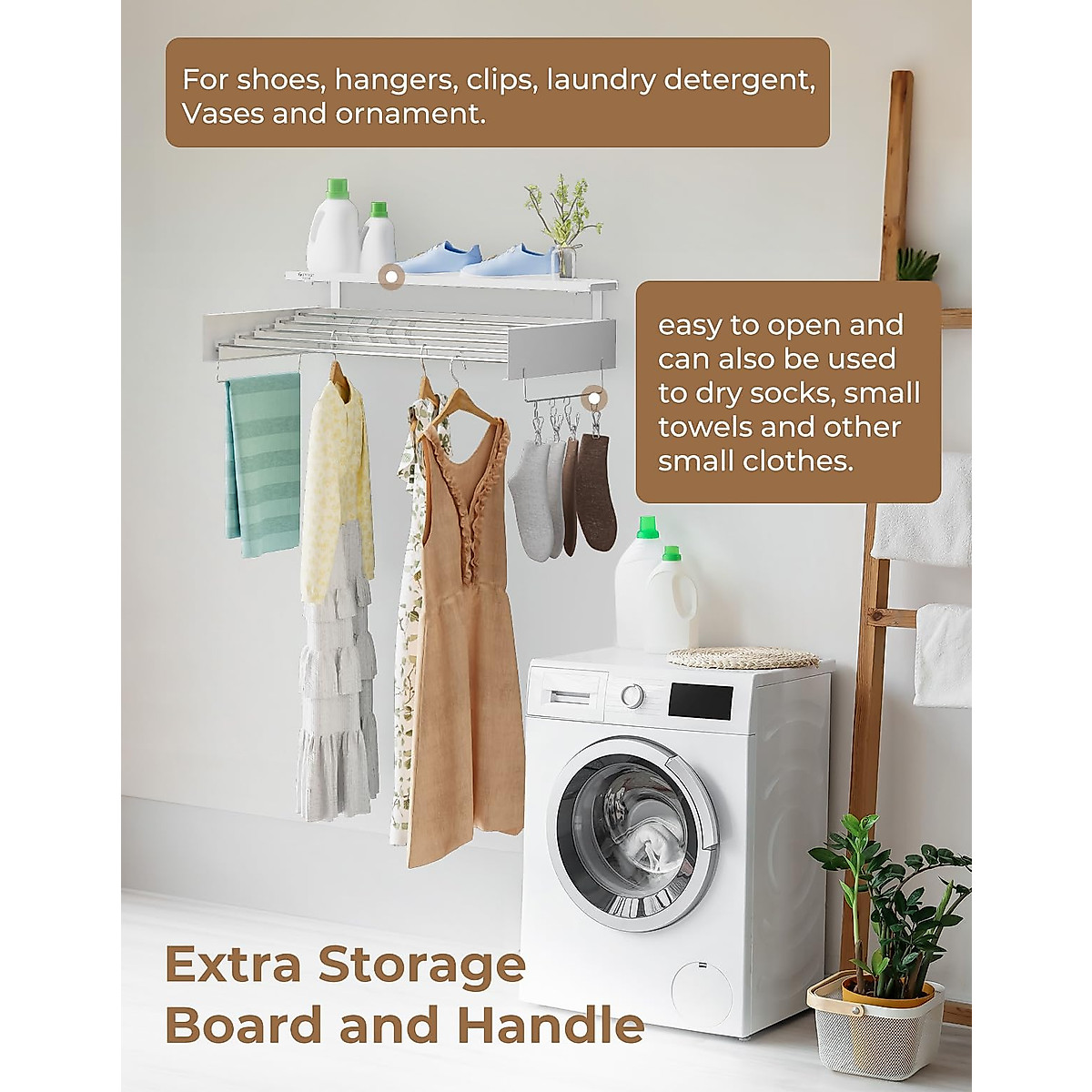 yamagahome Clothes Drying Rack Wall Mounted with Extra Storage Board, Laundry Drying Rack Collapsible with Handle, Collapsible Drying Racks for Laundry for Indoor and Outdoor, 31.5''