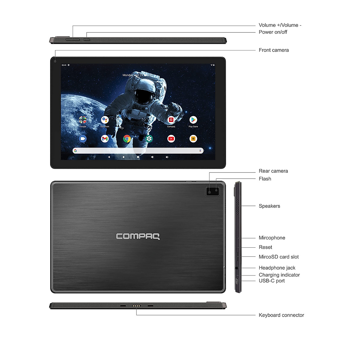 Compaq 10'' 2 in 1 Android 11 Tablet 64GB Storage, 4GB RAM (Brushed Onyx), CT201