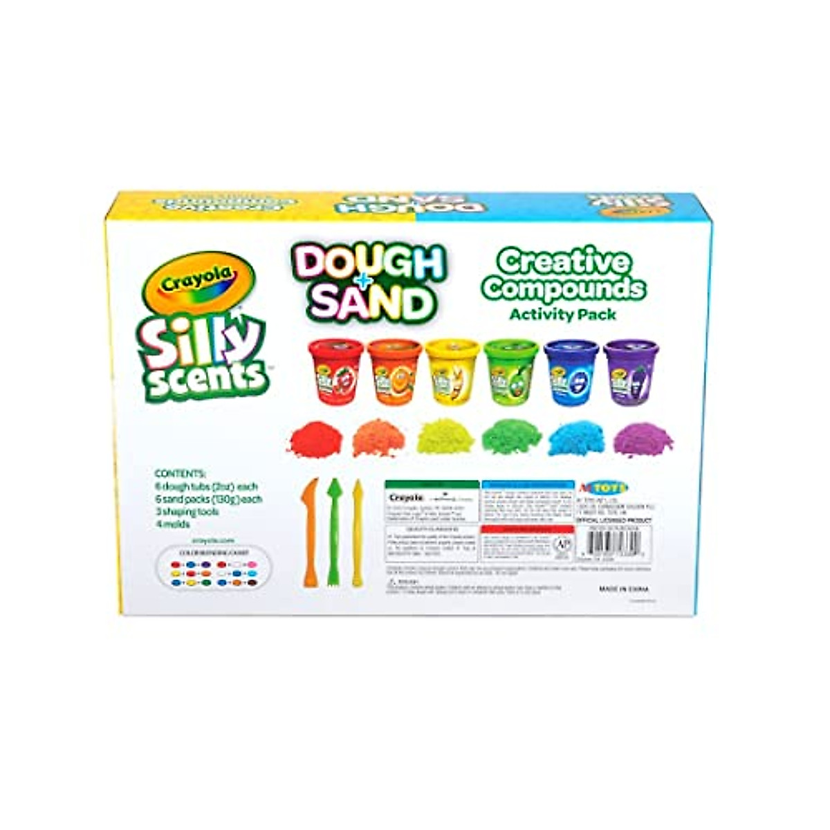 Crayola Silly Scents, Modeling Compound Activity Pack | Includes 6 Scented Dough Tubs, 6 Scented Colored Play Sand Packs, and 7 Kids Tools | Great Birthday Gift or Summer Fun for Toddlers.