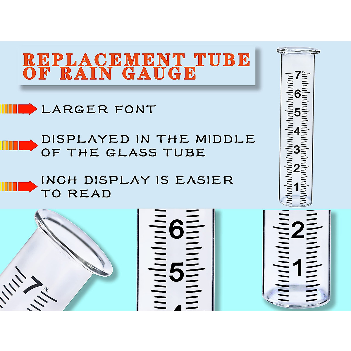 BIUWING 7" Capacity Glass rain Gauge Replacement Tube for Outdoors Yard Garden with Lip, Best Rated, Easy to Read (2 pcs)