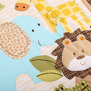 Brandream Jungle Crib Bedding Set for Boys Girls Safari Nursery Set - Elephant Lion Giraffe Animal Baby Comforter/Quilt, Fitted Crib Sheet, Crib Bed Skirt, 3 Pieces Green/Yellow/Mint/Taupe