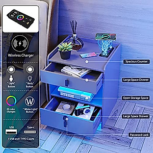 Dytler RGB Smart Nightstand, with Wireless Charging Station and USB Port, Modern Bedside Table, Bedroom LED Night Stand, 2 Drawers, Lockable, Home Office end Side Cabinet(Grey)