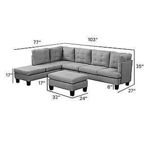 Casa Andrea Milano 3 Piece Modern Tufted Micro Suede L Shaped Sectional Sofa Couch with Reversible Chaise & Ottoman, Large
