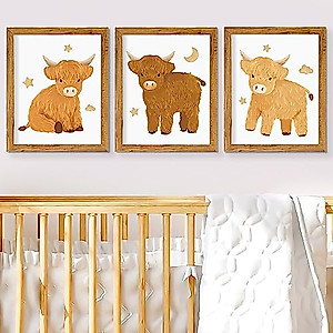 Eunikroko Baby Highland Cattle Nursery Wall Art Decor Scottish Animal Farm Calf Hanging Picture Watercolor Furry Cow New Mom Gifts for Baby Boys and Girls Room Bedroom 8 x 10 inch (Framed) Set of 3