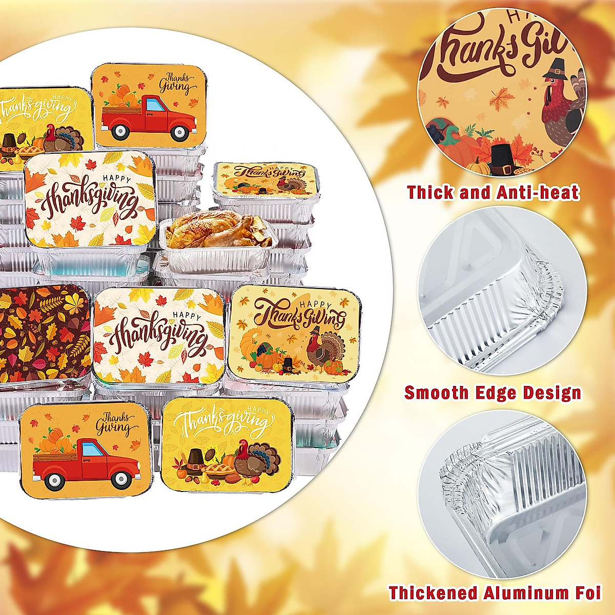 50Pcs Thanksgiving Take Home Containers Aluminum Food Containers with Lids Autumn Leftover Disposable Fall Hosting Essentials Party Favor Baking Cake Pans for Cooking,Heating,Roasting,BBQ 7.3x5.3 Inch