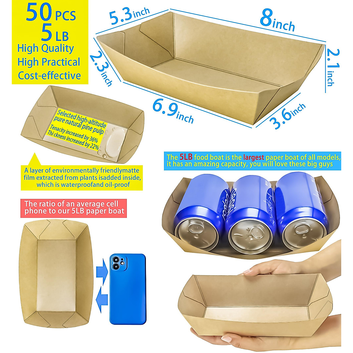 MotBach 50 Pack 5LB Extra Large Paper Food Boats Trays Disposable Paper Boats, Heavy Duty Food Boats, Paper Food Serving Tray Boat Basket for Snacks Sandwich Burgers Popcorns Tacos BBQ Fries Nachos