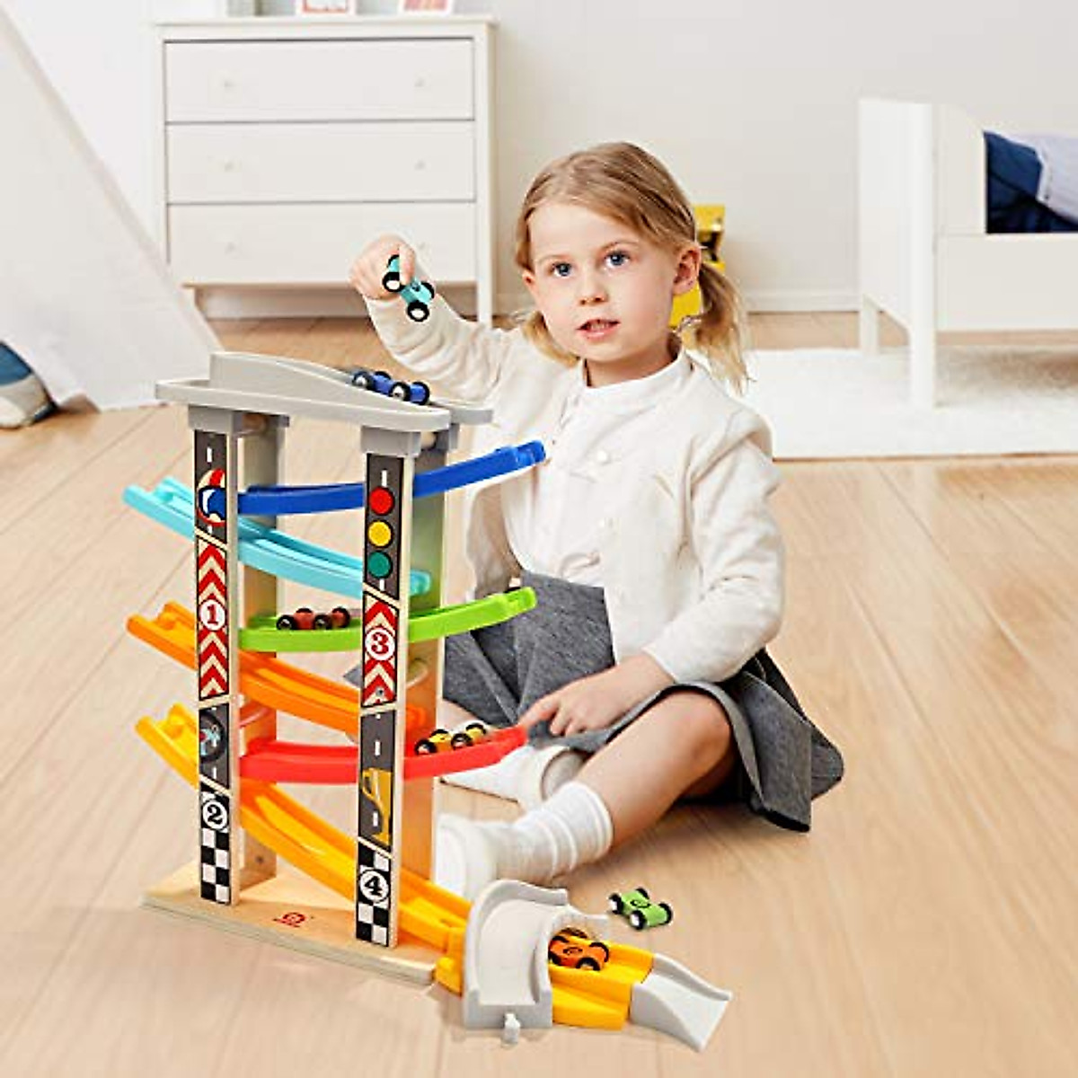 TOP BRIGHT Wooden Car Ramp Toddler Toys for 1 2 Year Old Boy Race Track, Race Car Ramp for One Two Year Old with 6 Mini Cars