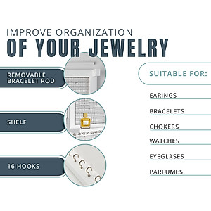 Comfify Rustic Jewelry Organizer - Wall Mounted Jewelry Holder w/Removable Bracelet Rod, Shelf & 16 Hooks - Perfect Earrings, Necklaces & Bracelets Holder - Pure White