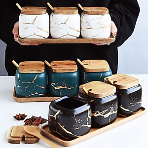 KIDYBELL Ceramic Spice Jars Porcelain Condiment Jars Set Marble Ceramic Seasoning Box 3pcs Condiment Pots for salt, sugar, pepper Kitchen Ceramic Seasoning Condiment Jar Set Black