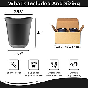 Taasm Inc 5.75oz 170ml Double Wall Insulated Stainless Steel Espresso Cup Set, Pack of two - Heat Resistant espresso glasses - Black
