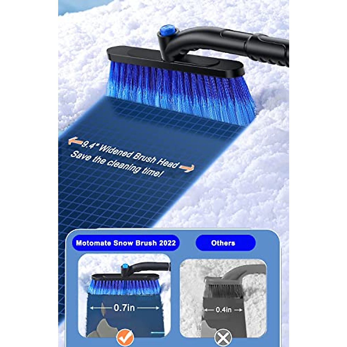 Motomate 37" Ice Scraper and Extendable Snow Brush, Detachable Snow Scraper with Foam Grip 360° Pivoting PVC Brush Head for Car Windshield, Truck, SUV (Blue)