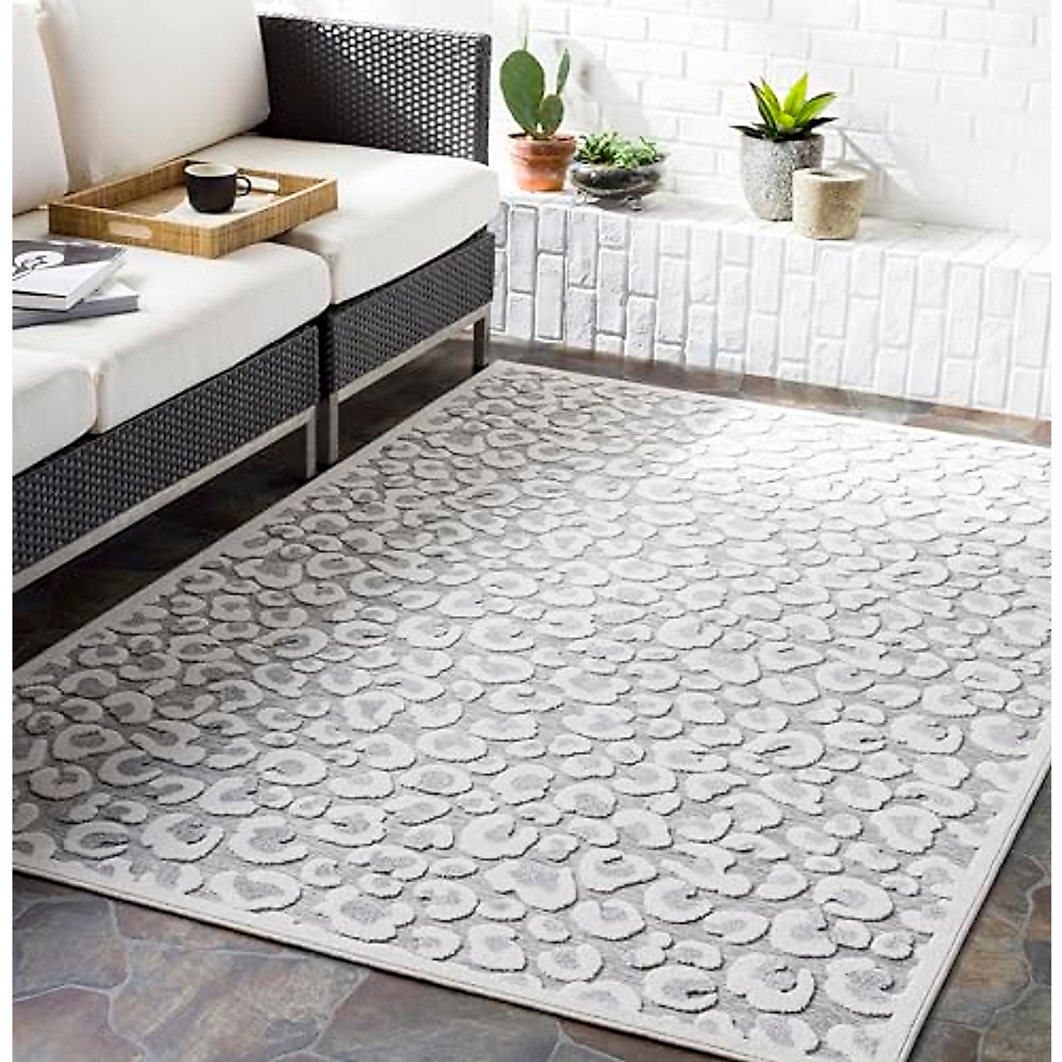 Mark&Day Animal Print Rugs, 5x7 Vossen Modern Indoor Outdoor Cheetah Leopard Cream Area Rug, Non Shedding White Blue Black Carpet for Patio, Porch, Deck, Living Room, Bedroom or Kitchen (5'3" x 7'3")
