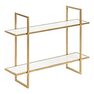 Kate and Laurel Leigh Wood and Metal Wall Shelf, 30" x 24", White and Gold, Unique Modern Glam Home Decor with Efficient Storage Shelves for Smaller Spaces