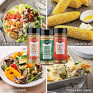 Tastefully Simple The Essential 3, Onion Onion Seasoning, Garlic Garlic Seasoning and Seasoned Salt, 4.5 Ounce (Combo Pack of 3)