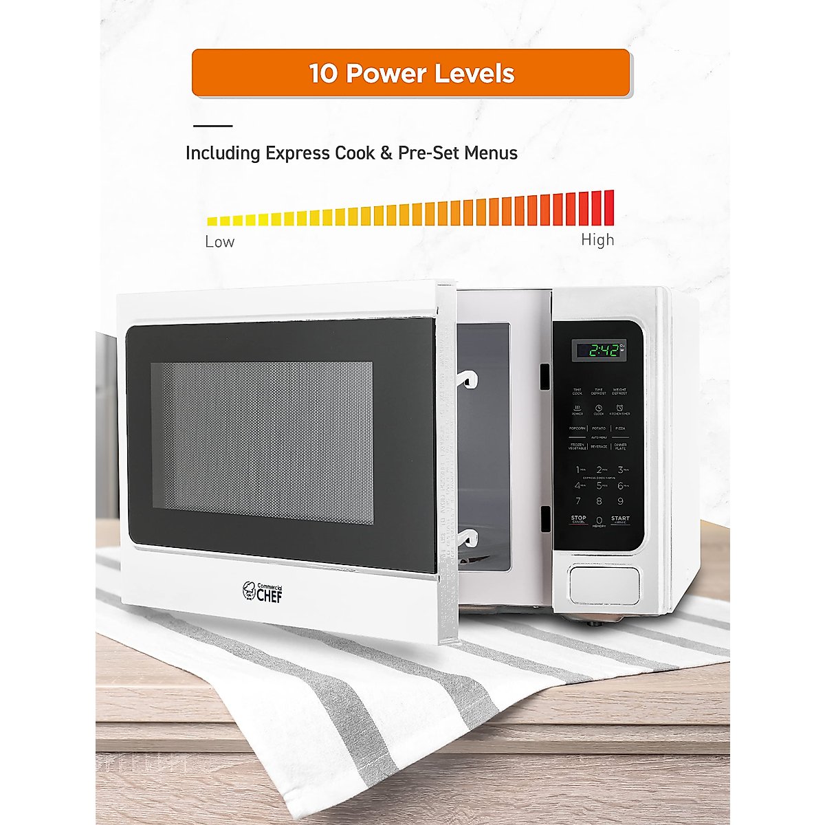 COMMERCIAL CHEF Microwave 1.3 Cu Ft with 10 Power Levels, Microwave with Push Button Door Lock, 1000W Countertop Microwave with Timer and Digital Controls, White