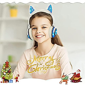 Olyre Intelligent Wireless Cat Headphones for Kids with Microphone On-Ears Stereo Foldable LED Cute Kitty Gift Bluetooth Headset, Compatible with Computer Tablet PC iPad Smartphone Laptop, Blue