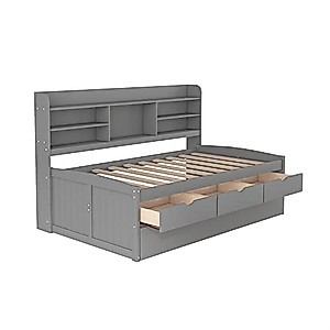 SOFTSEA Twin Size Daybed with Bookcase Headboard, Twin Captains Bed with Trundle and Storage Drawers, Wood Captains Bed with Slats Support for Kids Guests, Gray
