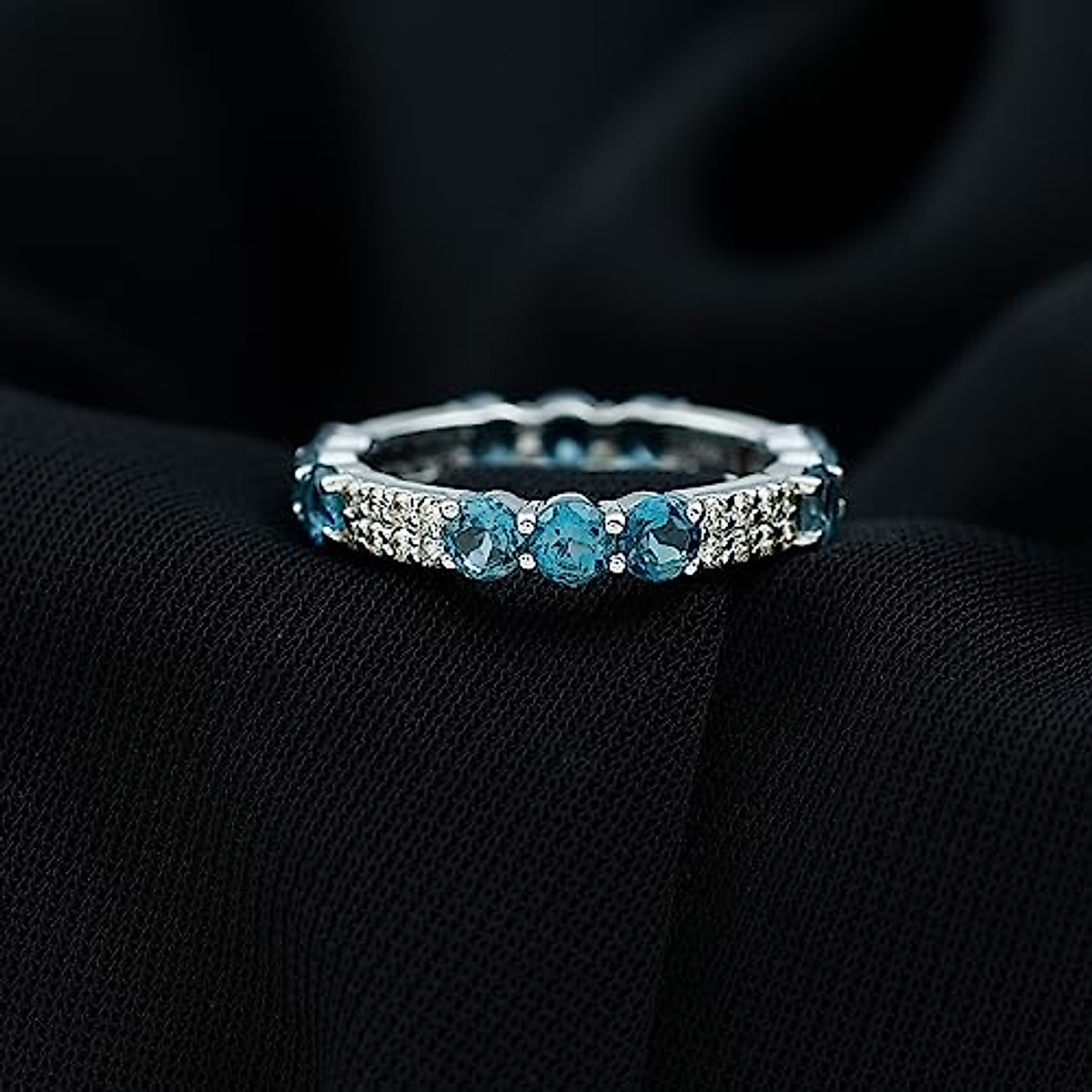 Natural Certified London Blue Topaz Diamond Eternity Band for Women, AAA Quality, Anniversary Ring - With Jewelry Box, 14K White Gold, Size:US 5.50