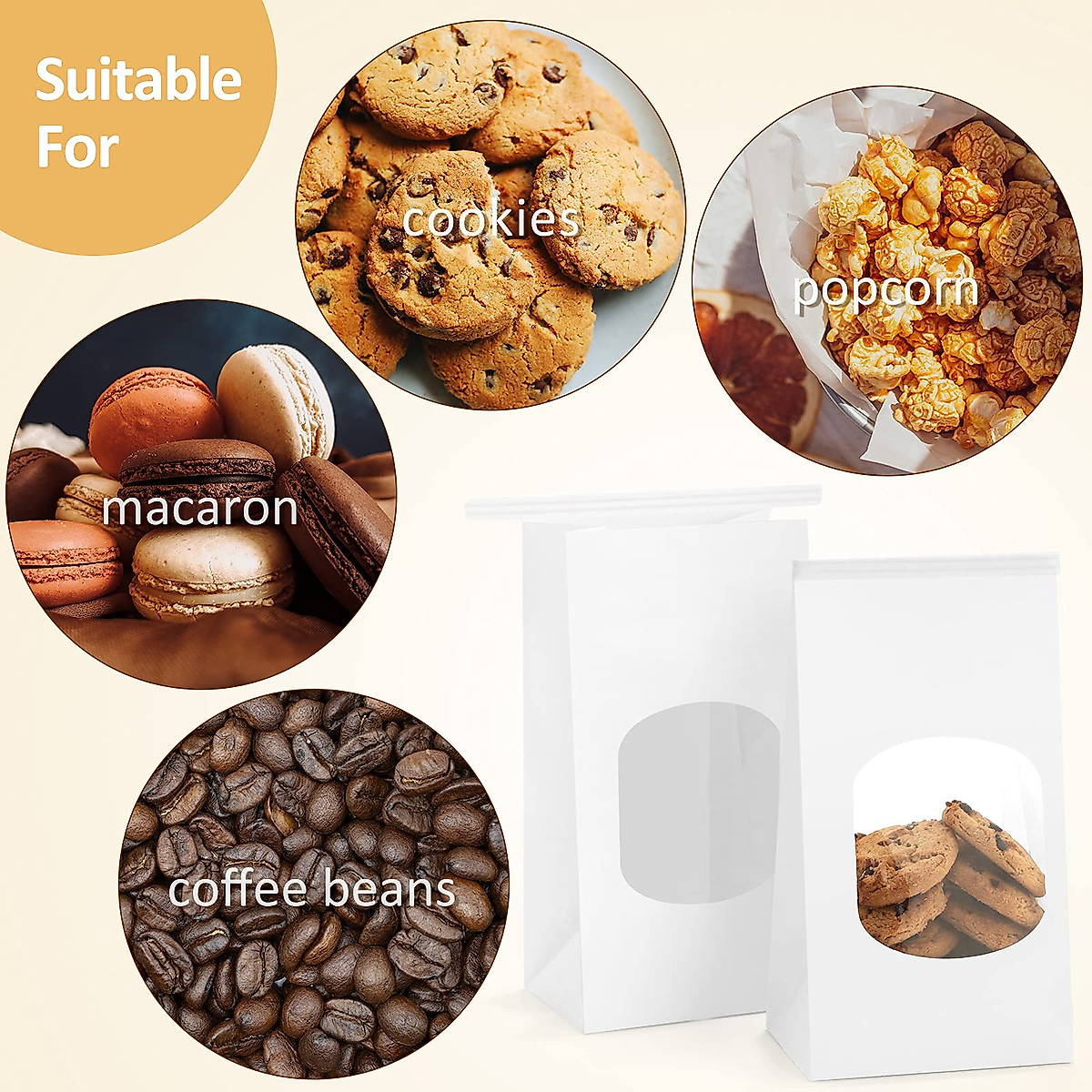 BagDream Bakery Bags with Window Kraft Paper Bags 100Pcs 3.54x2.36x6.7 Inches Tin Tie Tab Lock Bags White Window Bags Coffee Bags Cookie Bags Treat Bags Popcorn Bags