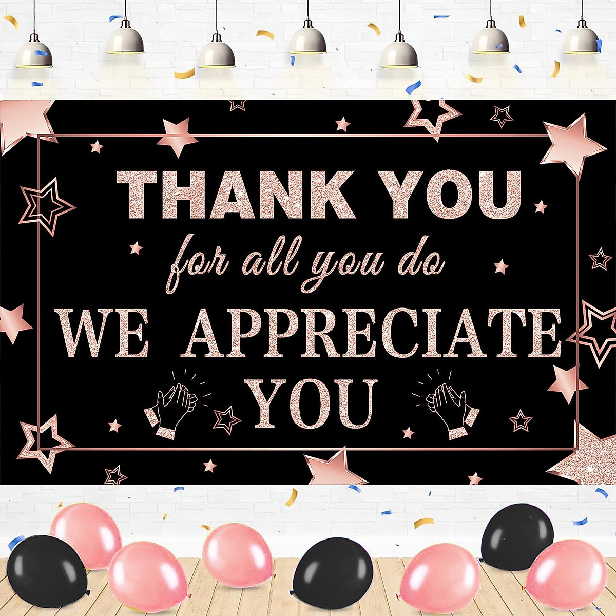 We Appreciate You Banner Decorations Thank You Banner Thank You for All You Do Backdrop for Teacher Employee Staff Doctors Nurse Poaster Volunteer Appreciation Week Party Decor - Rose Gold & Black