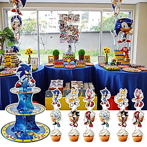 Cupcake Stand for Sonic Birthday Party Supplies with 12pcs Sonic Cake Toppers, Sonic Cupcake Holder for Birthday Decorations,3 Tier Cupcake Stand for 24 Cupcakes, Blue Dessert Stand for Kids Cake