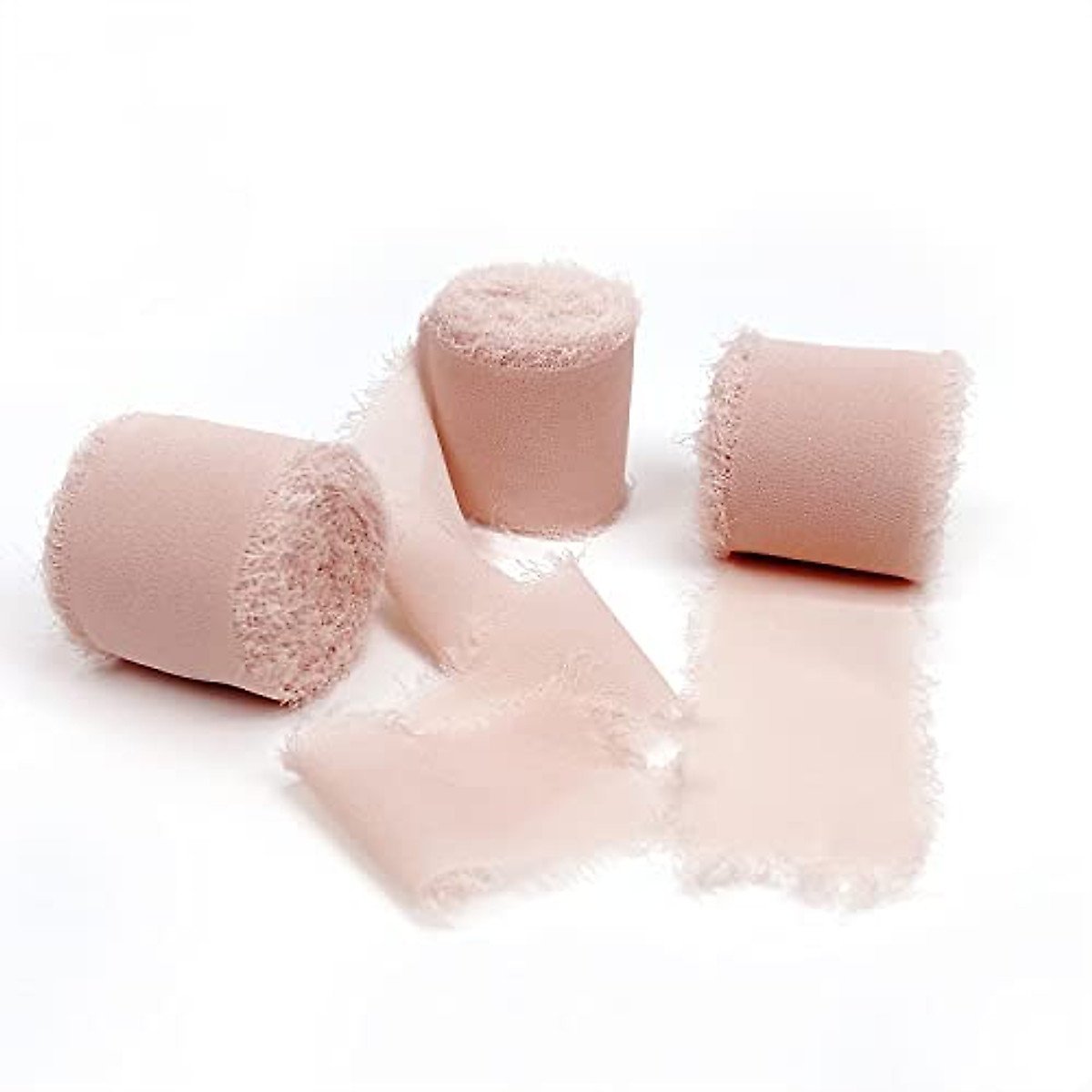 Blush Pink Chiffon Ribbon 3 Rolls Frayed Chiffon Silk Ribbons for Bouquets, Wedding, Gift Wrapping (1.5"x 6 Yd)