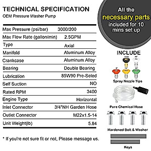 Youxmoto 3/4" Shaft Horizontal Pressure Washer Pump, Max 3000 PSI @ 2.5GPM, Fit for Karcher K2400HH/ Honda GC190/ Homelite 309515003 308418007 308653057/ PowerStroke ps80903a/ Simpson MSH3125