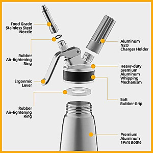 ECO-WILL Professional Whipped Cream Dispenser, Durable Aluminum Cream Whipper with 2 Sets of Stainless Steel and Plastic Tips & Cleaning Brush,1-Pint / 500 mL, Homemade Cream Maker
