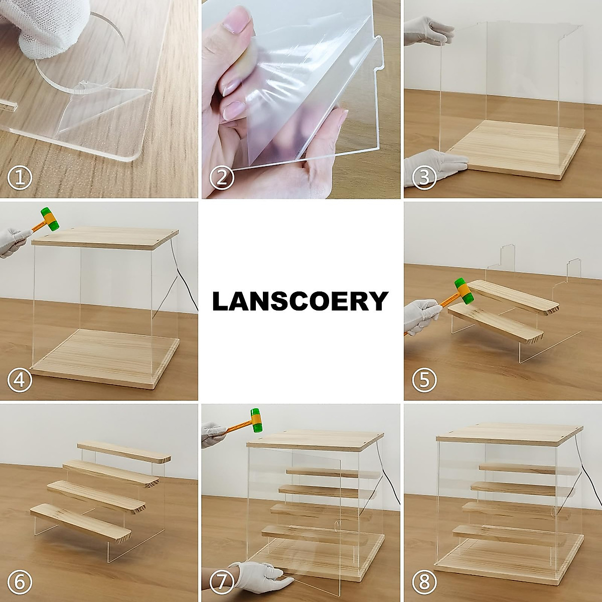 LANSCOERY Acrylic Display Case with LED Light, Clear 5 Tier Organization, Dustproof Wooden Display Box, Exclusive Showcase for Collectibles, Mini Figures and Funko Pop, 11.8x11x11.8inch