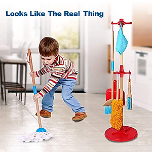 AOKESI Wooden Detachable Kids Cleaning Toy Set - Broom, Mop, Duster, Dustpan, Brush, Rag and Hanging Stand Play, Multicolor Housekeeping Kit, STEM Really Clean Toys Gift for Girls & Boys