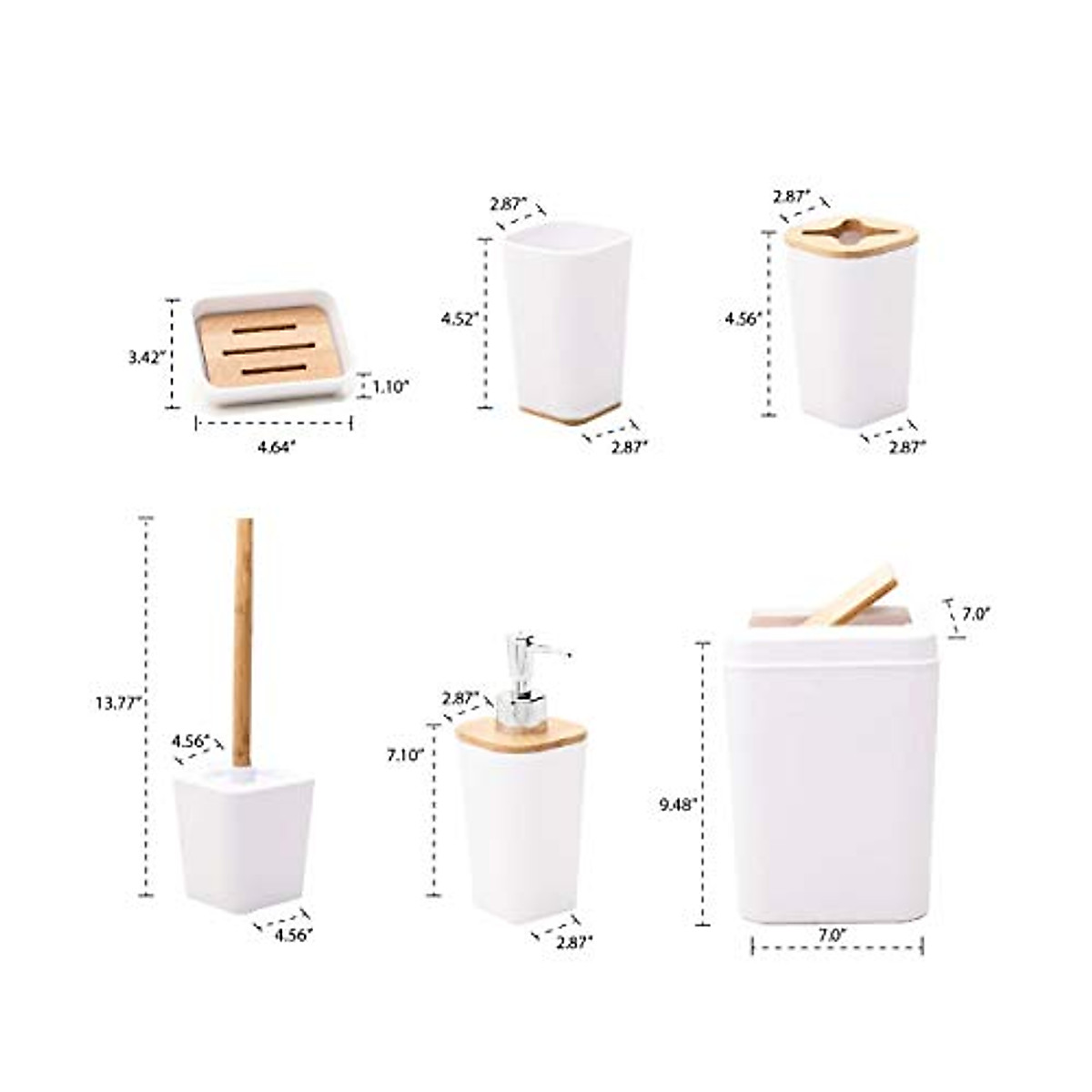 KRALIX White Bathroom Accessories Set, 6 Piece Complete Bamboo Bathroom Set with Toothbrush Holder and Cup, Soap Dish and Dispenser, Trash Can, Toilet Brush, White Bathroom Set Accesorios para Baños
