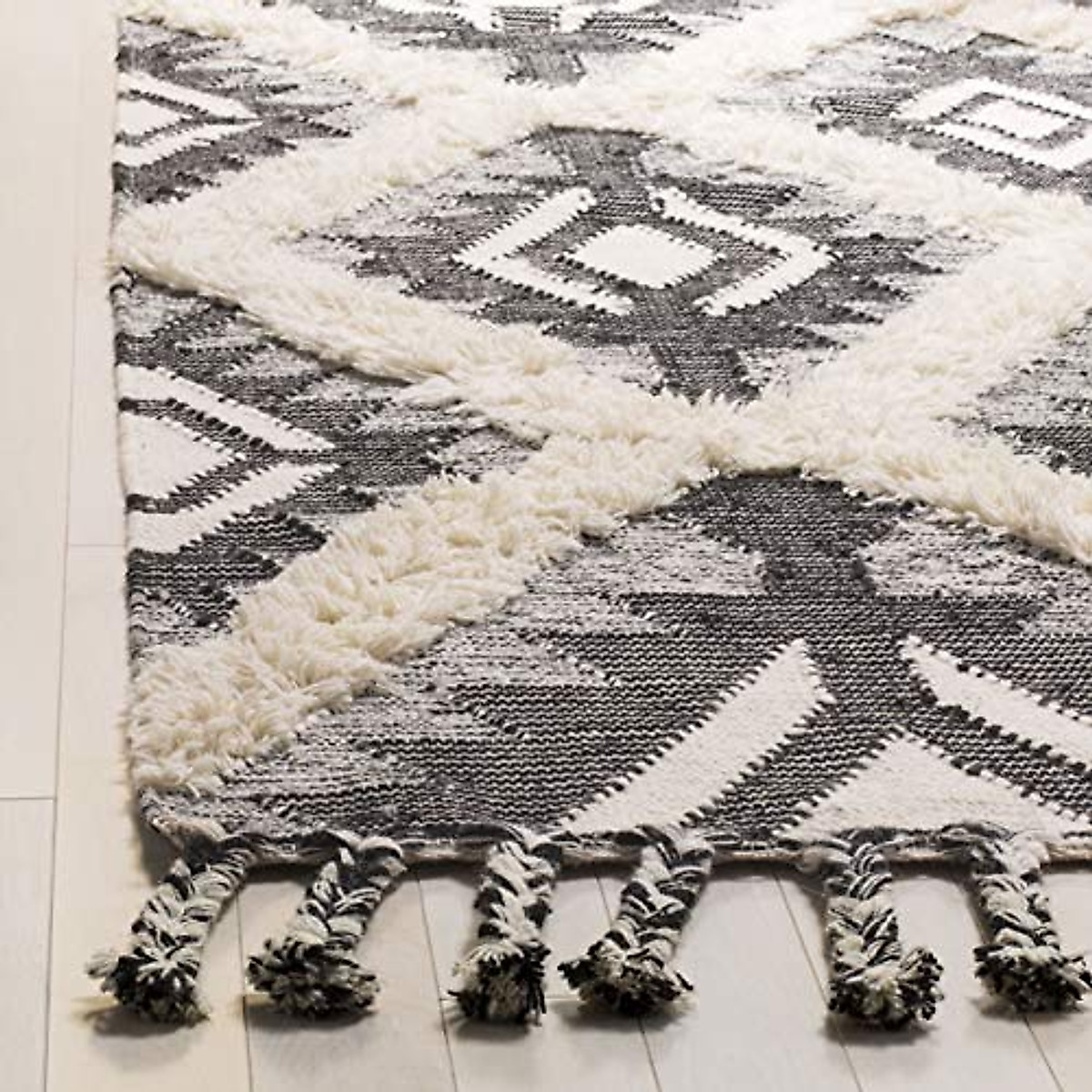 SAFAVIEH Kenya Collection Runner Rug - 2'3" x 8', Black & Ivory, Hand-Knotted Moroccan Tribal Tassel Wool, Ideal for High Traffic Areas in Living Room, Bedroom (KNY910H)