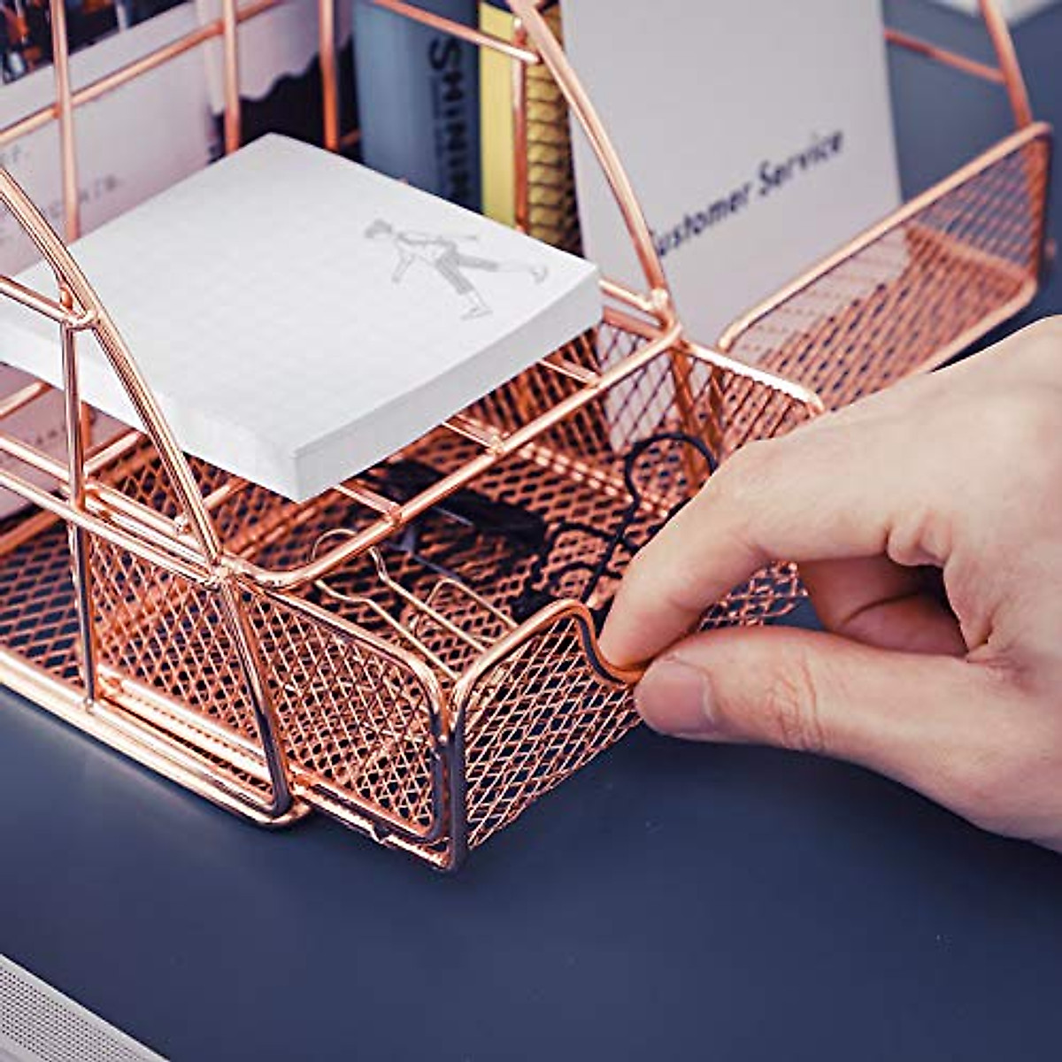 ARTISHION Desk Organizer, Office Supplies Desktop Holder, Metal Mesh Stationary Organizer Rose Gold with Drawer, Pen Pencil Holder for Office, Home, School