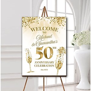 Wedding Anniversary Welcome Sign Any Year Golden Anniversary Poster 50th Wedding Anniversary Celebration Decorations White and Gold