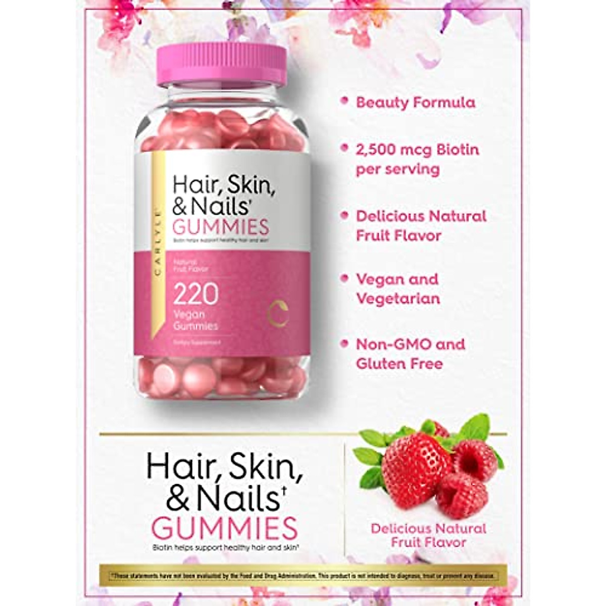 Carlyle Hair, Skin and Nails Gummies | 220 Count | Fruit Flavor Gummy Vitamins | with Biotin | Non-GMO, Gluten Free