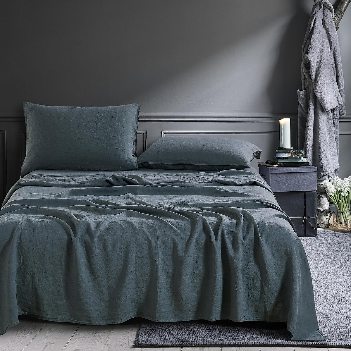 pinéllia Linen Sheets Full Size,Premium 100% Stone Washed French Linen Bed Sheets,Luxury Ultra Soft Durable 4-Piece Linen Bedding Sheet Set,Dark Grey