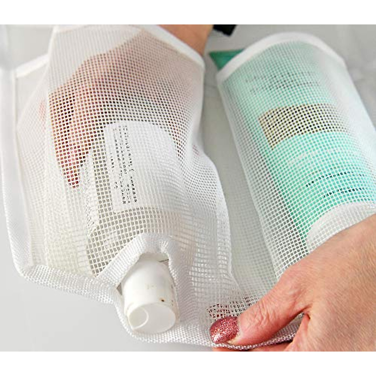 Home-X Hanging Mesh Shower Organizer, Bathroom Shower Organizer for Essentials, Shower Storage Pockets for Shampoo, Conditioner, Soap, and More, 17 ¼" L x 15 ¾" W, White