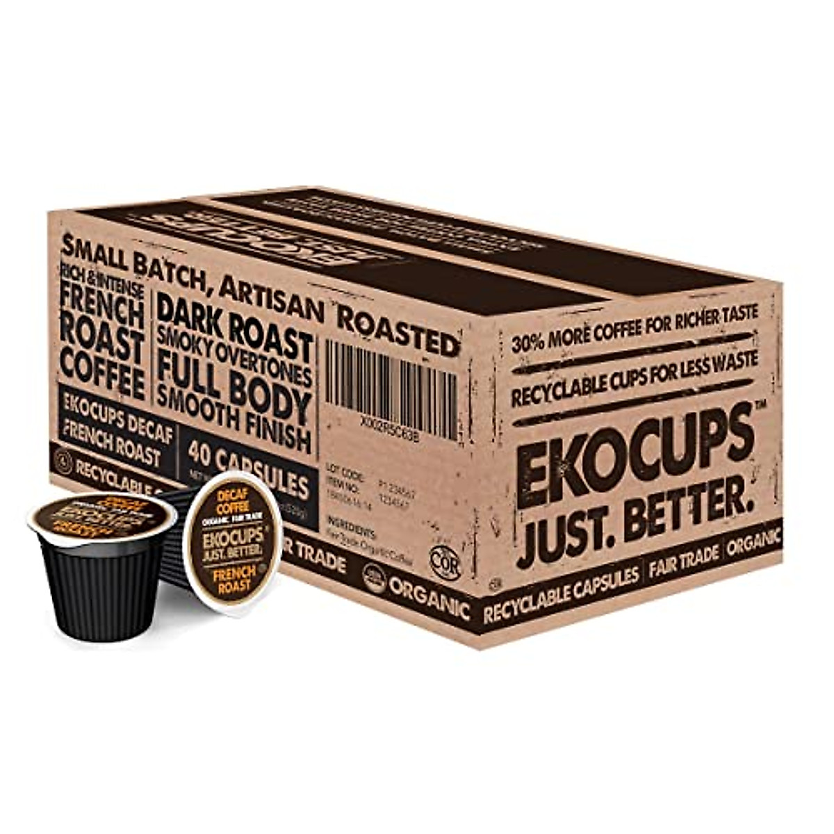 EKOCUPS Organic Swiss Water Decaf French Roast Coffee Pods, Extra 30% More Coffee Per Cup, Artisan Fair Trade Dark Roast, Decaf French Roast Coffee for Keurig K Cup Machines, Recyclable Pods, 40 Count