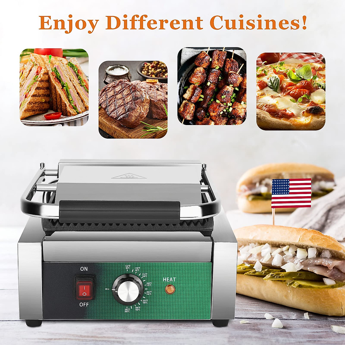 Commercial Panini Press Sandwich Maker, LIVOSA 2200W Non-Stick Panini Grill Machine Panini Maker with Temperature Control and Grooved Plates for Hamburgers Steaks