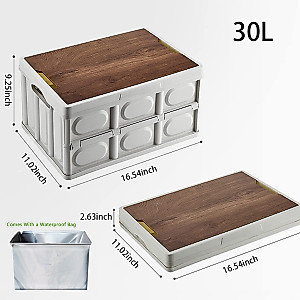 LYZOLICS Collapsible Storage Bin with Wooden Lid, Foldable&Stackable Storage Crate for Outdoor Car, Toys, Camping, Picnic, Indoor Home Room (30L-1pcs)