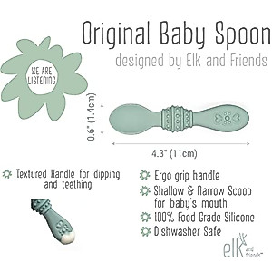 Elk and Friends Silicone Baby Spoons | First Stage Infant Toddler Spoon | Baby Led Weaning Stage | Dishwasher Safe