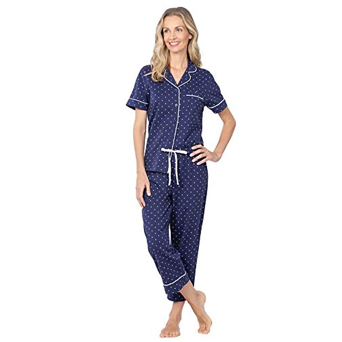 PajamaGram Capri Pajamas for Women - Cotton PJs Women, Polka Dot, Navy, L, 14-16