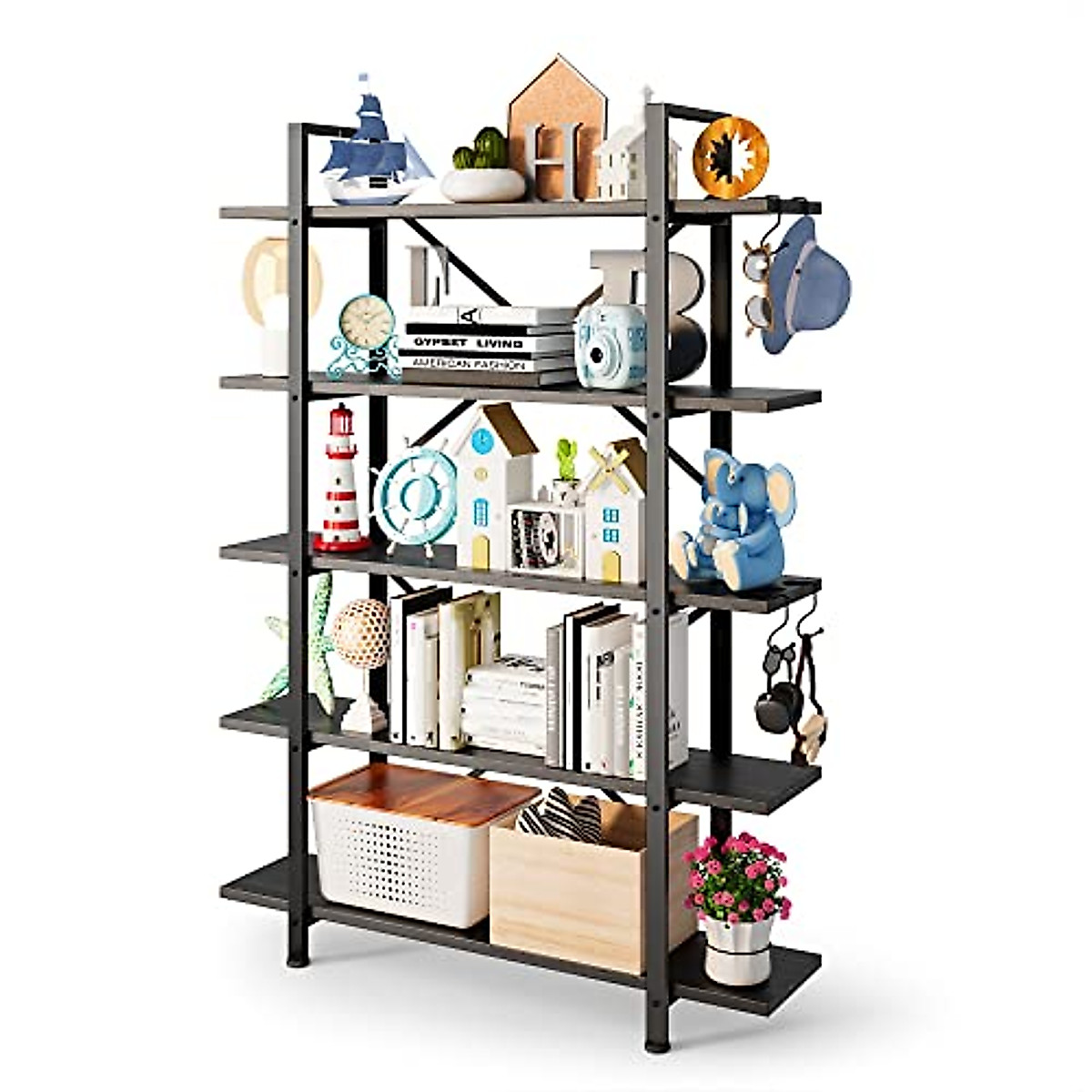 Gizoon 5 Tier Bookshelves for Storage, Industrial Tall Wood Bookshelf with 4 Hooks, Metal Frame Display Shelves for Bedroom, Living Room, Kitchen, Black
