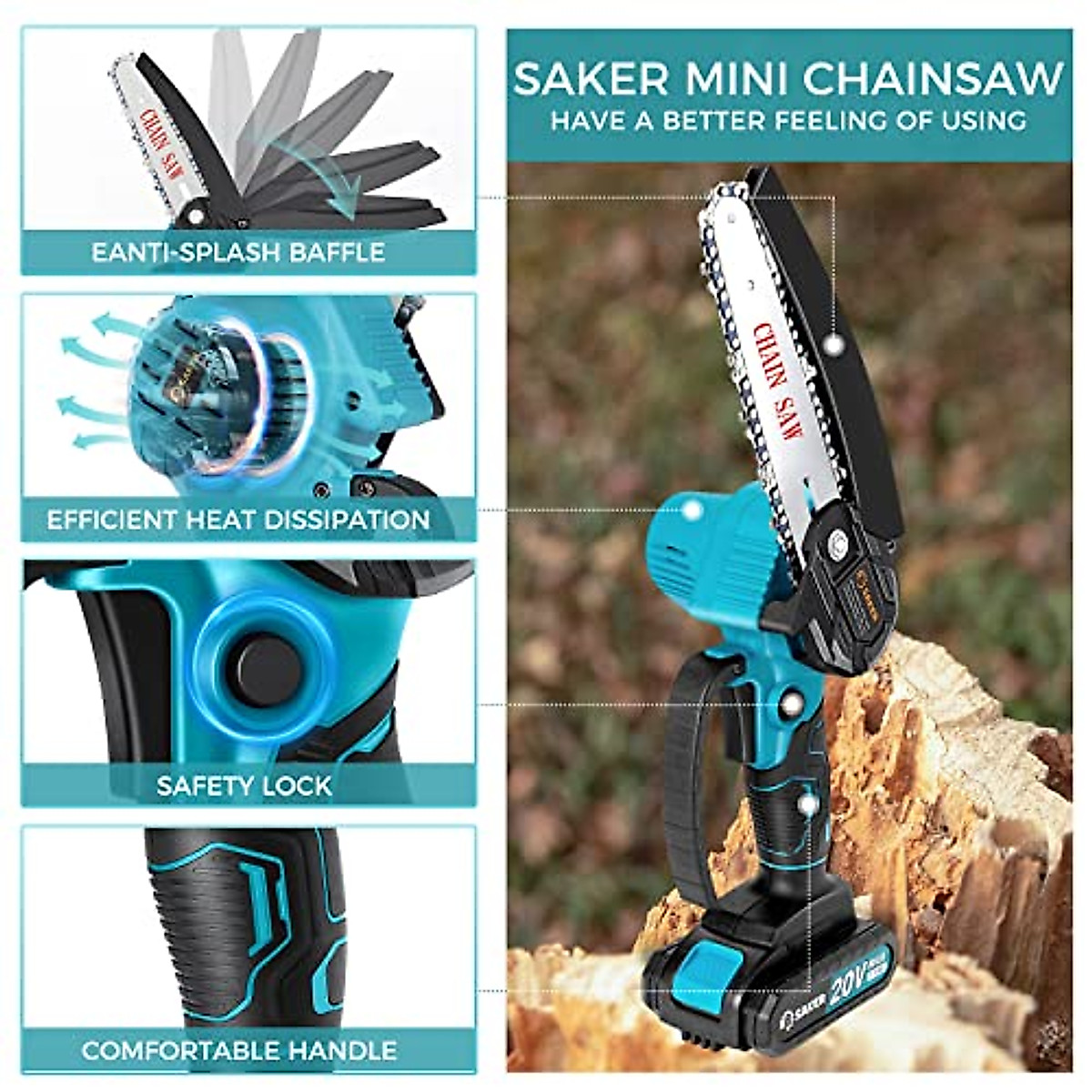 Saker Mini Chainsaw,6 Inch Portable Electric Chainsaw Cordless,2023 Upgrade Small Handheld Chain saw for Tree Branches,Courtyard, Household and Garden,By 2PCS 20V 1500mAh Batteries,Extra 3 PCS Chain