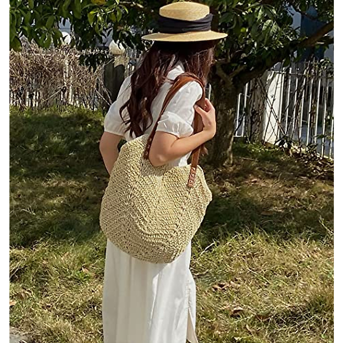 NIBD Hand-woven Soft Large Straw Shoulder Bag Retro Boho Tote Bags Summer Beach Woven bag Rattan Handbag (Off-white)