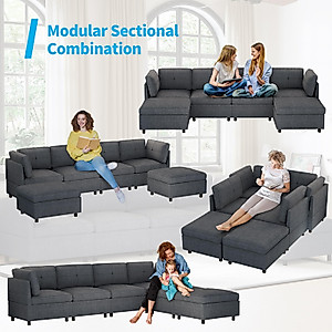 Mjkone Convertible Sofa Couch, Modern U Shaped Sofa with Tufted Back Cushion, 6 Seat Oversized Sectionals Sofa Couch with Ottomans for Living Room/Apartment/Office (Beige)