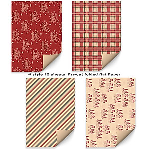 PlandRichW Christmas Wrapping Paper 12 Sheets of Folded Brown Kraft Paper with Red and Green, Greetings, Snowman, Plaid, Stripes, Christmas Elements Collection, 20 X 29 Inches Each