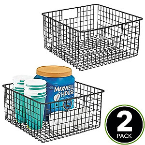 mDesign Metal Wire Food Storage Basket Organizer with Handles for Organizing Kitchen Cabinets, Pantry Shelf, Bathroom, Laundry Room, Closets, Garage - Concerto Collection - 2 Pack - Black